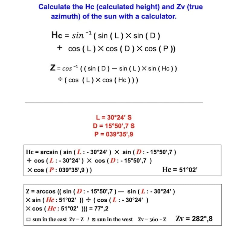 Sun's altitude and azimuth by calculator | easysextant.com